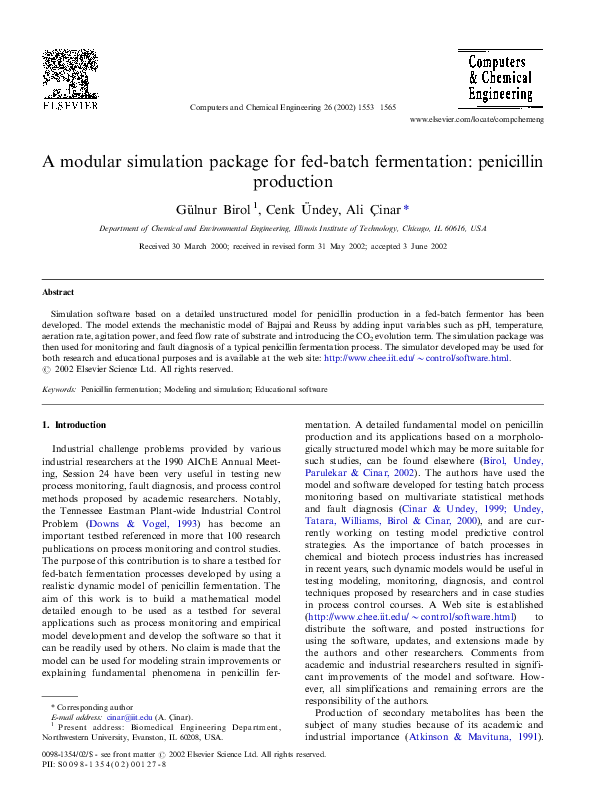 Pdf A Modular Simulation Package For Fed Batch Fermentation Penicillin Production