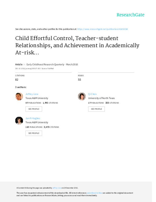 (PDF) Child effortful control, teacher-student relationships, and ...
