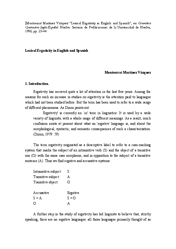 (PDF) Lexical Ergativity in English and Spanish (1996) | Montserrat ...