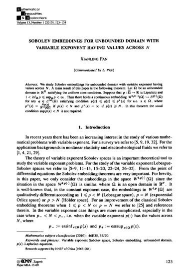 (PDF) SOBOLEV EMBEDDINGS FOR UNBOUNDED DOMAIN WITH VARIABLE EXPONENT HAVING VALUES ACROSS N X ia ...