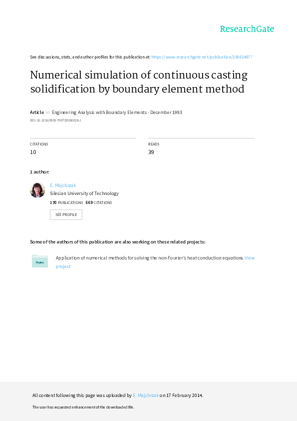 (PDF) Numerical simulation of continuous casting solidification by boundary element method