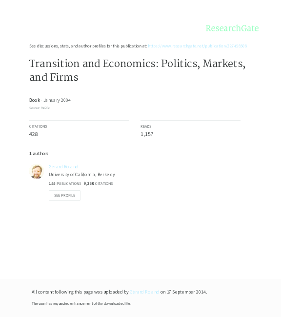 (PDF) Transition and Economics: Politics, Markets, and Firms | Gerard ...