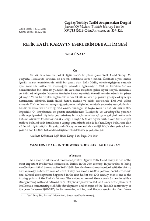 (PDF) Refik Halit Karay’ın Eserlerinde Batı İmgesi