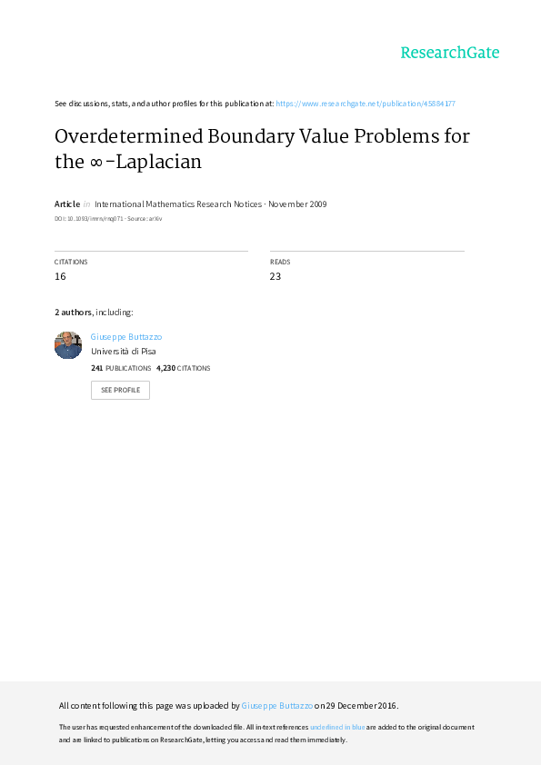 (PDF) Overdetermined Boundary Value Problems for the -Laplacian | Giuseppe Buttazzo - Academia.edu