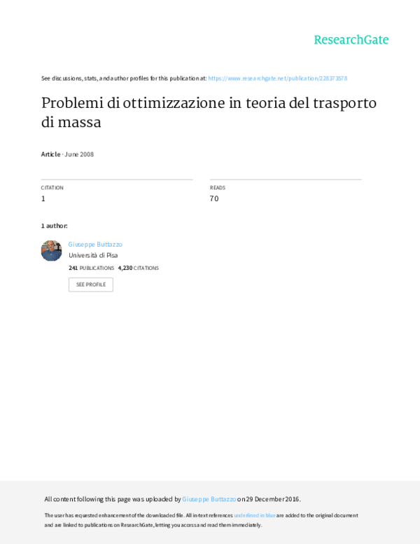 (PDF) Problemi di ottimizzazione in teoria del trasporto e applicazioni | Giuseppe Buttazzo ...