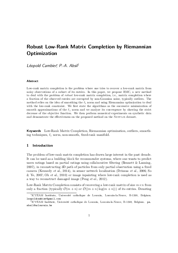 (PDF) Robust Low-Rank Matrix Completion by Riemannian Optimization
