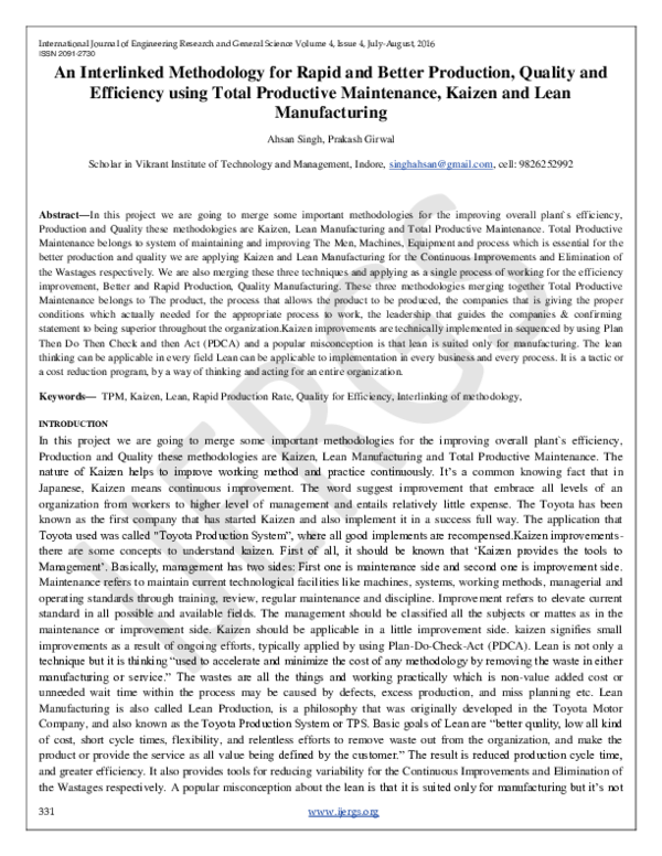 (PDF) An Interlinked Methodology for Rapid and Better Production ...