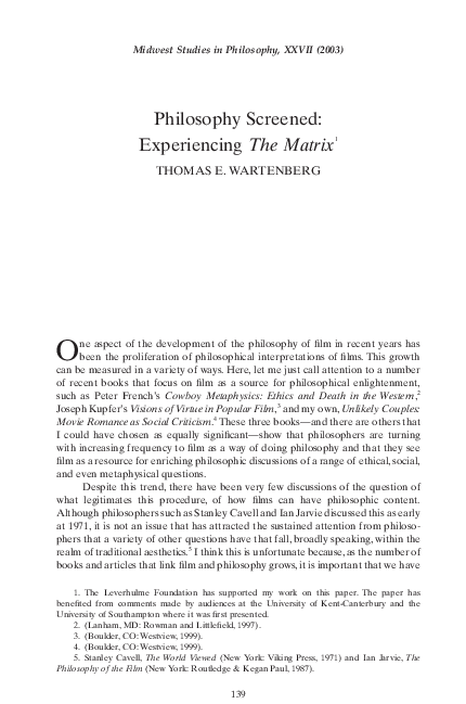 (PDF) Philosophy Screened: Experiencing The Matrix