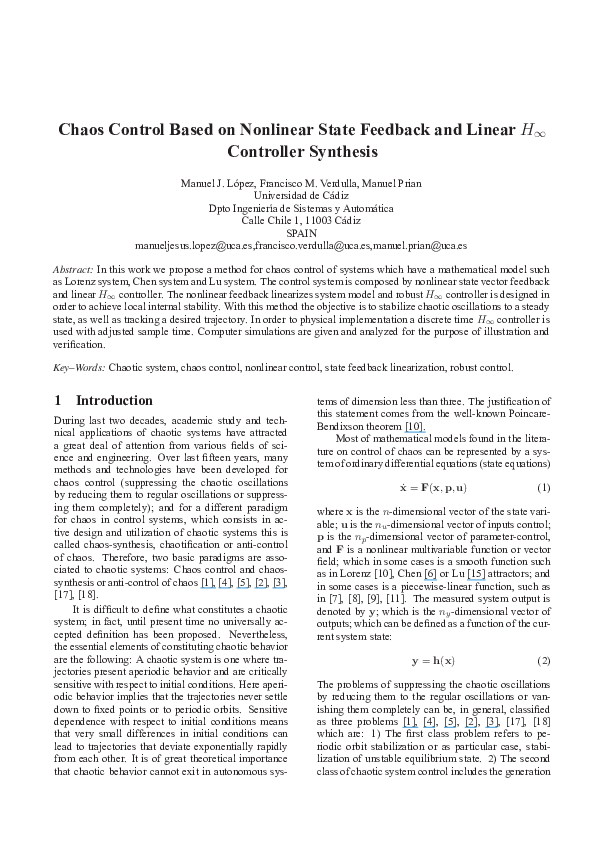 Pdf Chaos Control Based On Nonlinear State Feedback And Linear H ∞ Controller Synthesis 5520