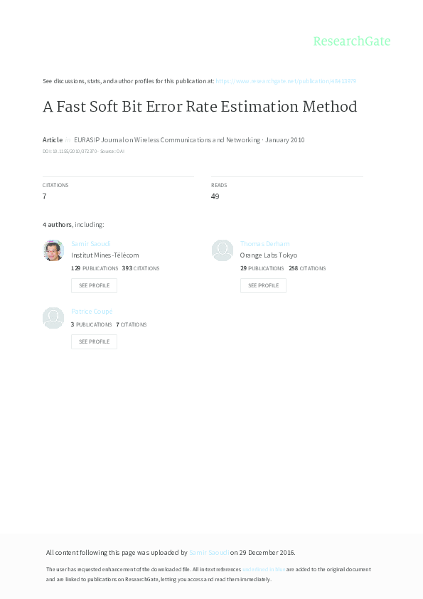 Pdf A Fast Soft Bit Error Rate Estimation Method
