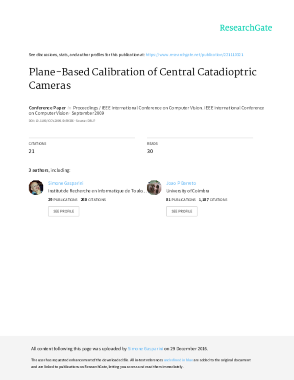 (PDF) Plane-based calibration of central catadioptric cameras