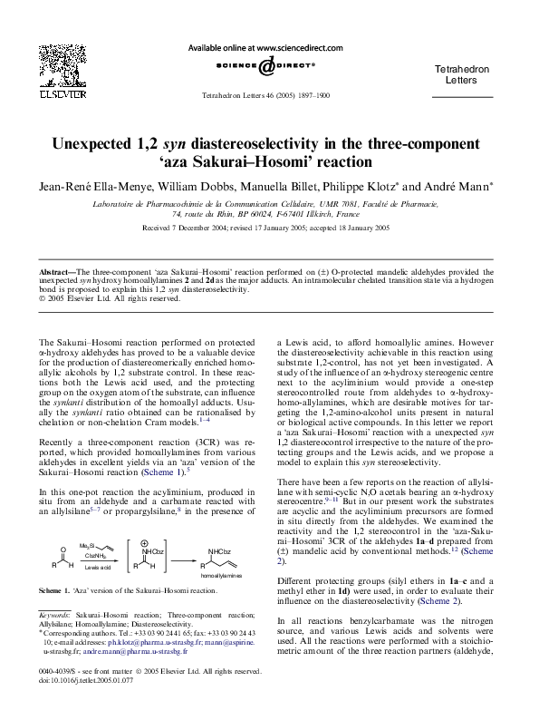(PDF) Unexpected 1, 2 syn diastereoselectivity in the three-component ...