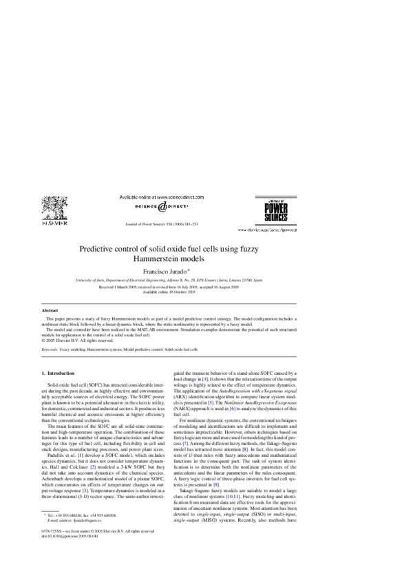 (PDF) Predictive control of solid oxide fuel cells using fuzzy Hammerstein models