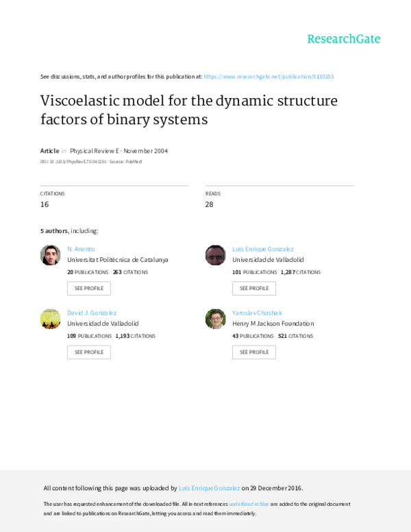 (PDF) Viscoelastic model for the dynamic structure factors of binary systems