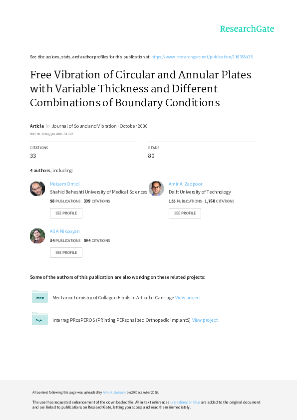 Pdf Free Vibration Of Circular And Annular Plates With Variable Thickness And Different