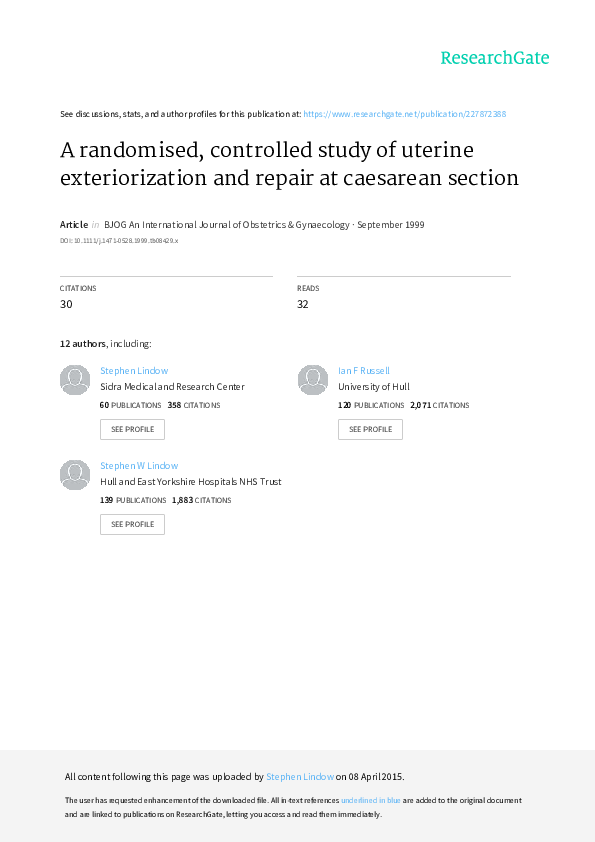(PDF) A randomised, controlled study of uterine exteriorization and ...