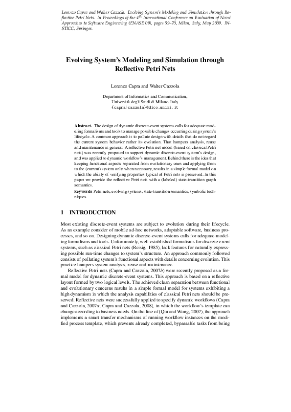 (PDF) Evolving System's Modeling and Simulation through Reflective Petri Nets