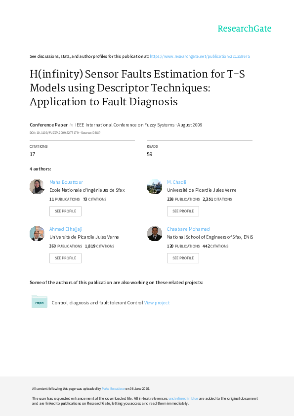 Pdf H∞ Sensor Faults Estimation For T S Models Using Descriptor Techniques Application To