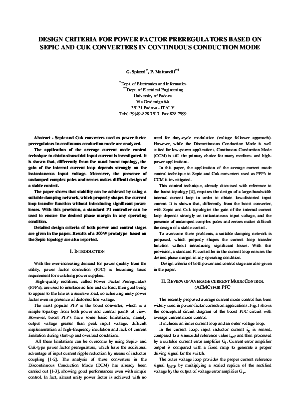 (PDF) Design criteria for power factor preregulators based on Sepic and Cuk converters in ...