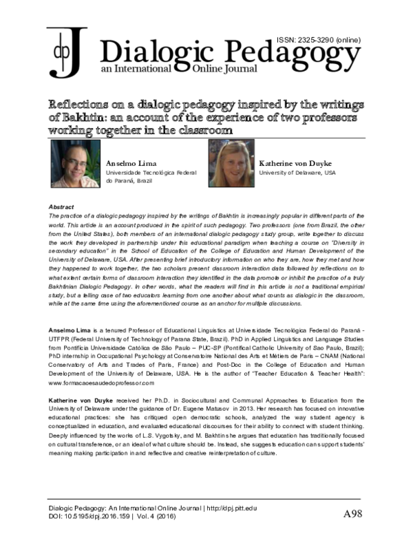 (PDF) Reflections on a dialogic pedagogy inspired by the writings of ...