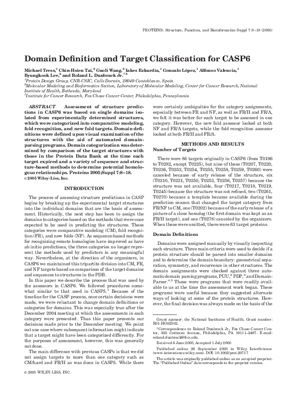 (PDF) Domain definition and target classification for CASP6