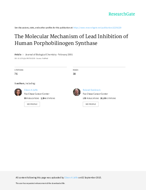 (PDF) The molecular mechanism of lead inhibition of human porphobilinogen synthase
