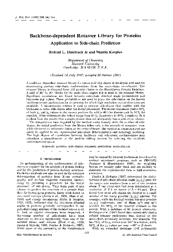 (PDF) Backbone-dependent rotamer library for proteins application to ...