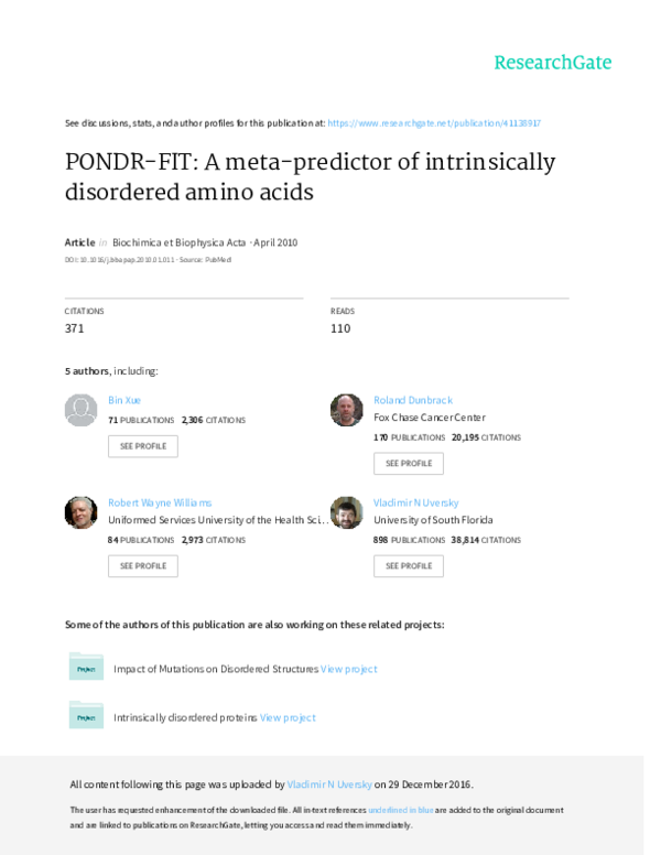 (PDF) PONDR-FIT: a meta-predictor of intrinsically disordered amino acids