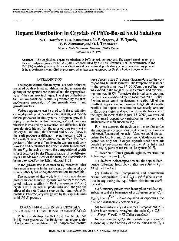 (PDF) Dopant distribution in crystals of PbTe-based solid solutions | A ...