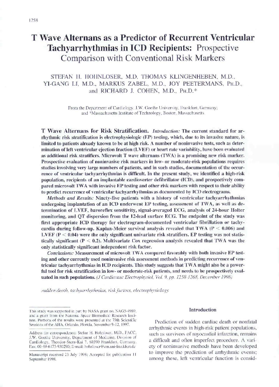 (PDF) T Wave Alternans As a Predictor of Recurrent Ventricular Tachyarrhythmias In ICD ...