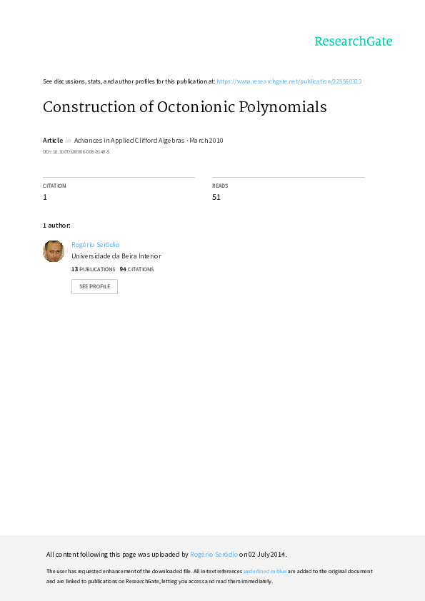 (PDF) Construction of octonionic polynomials