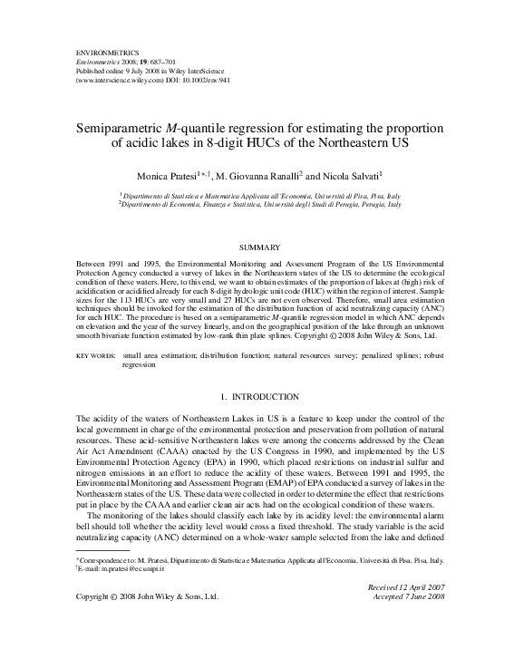 (PDF) Semiparametric M‐quantile regression for estimating the proportion of acidic lakes in 8 ...
