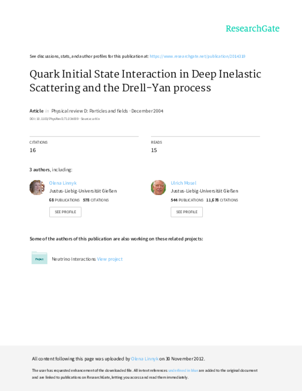 (PDF) Quark initial state interaction in deep inelastic scattering and the Drell-Yan process ...