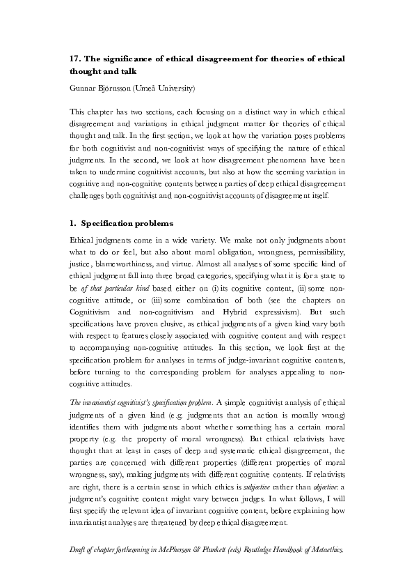 (PDF) The significance of ethical disagreement for theories of ethical ...
