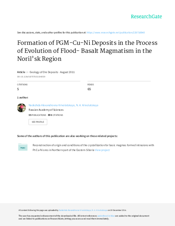 Pdf Formation Of Pgm Cu Ni Deposits In The Process Of Evolution Of
