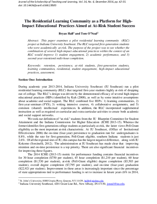 (PDF) The Residential Learning Community as a Platform for High- Impact ...