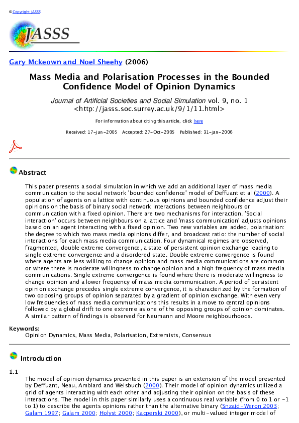 (PDF) Mass media and polarisation processes in the bounded confidence model of opinion dynamics