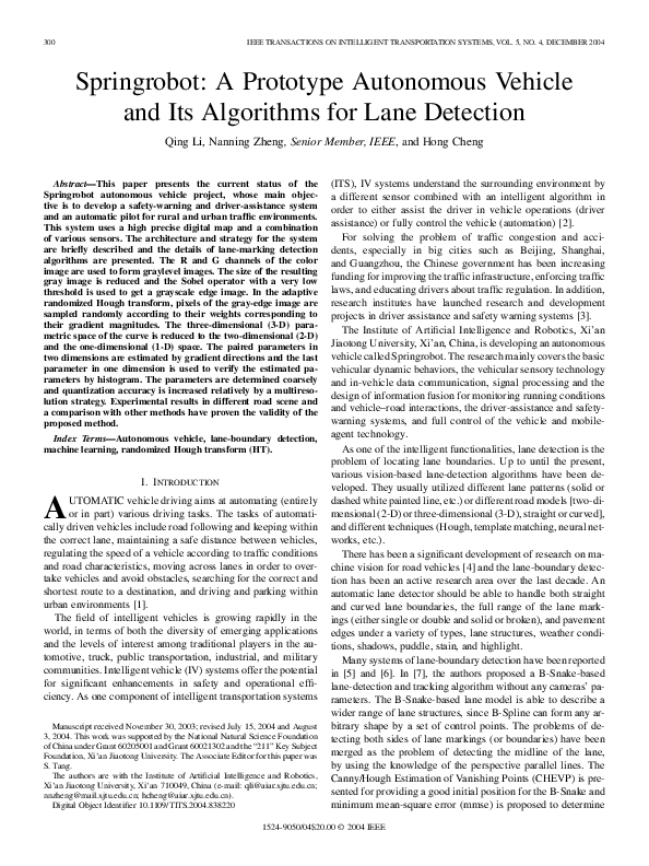 Pdf Springrobot A Prototype Autonomous Vehicle And Its Algorithms For Lane Detection