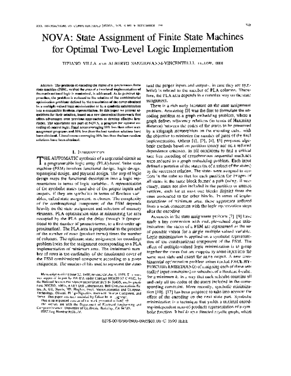 (PDF) NOVA: State assignment of finite state machines for optimal two-level logic implementation