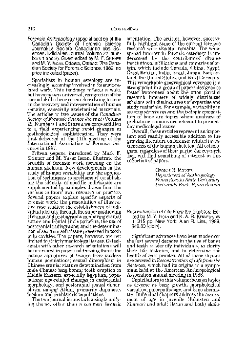 (PDF) Reconstruction of life from the skeleton. Edited by M. Y. Iscan ...