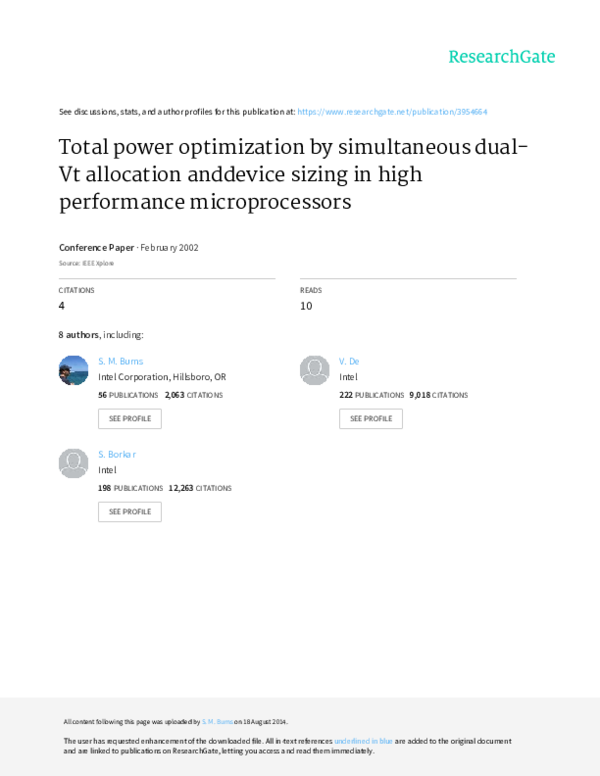 (PDF) Total power optimization by simultaneous dual-Vt allocation and device sizing in high ...