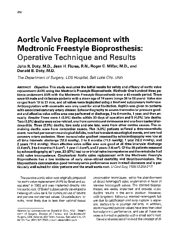 (PDF) Aortic Valve Replacement with Medtronic Freestyle Bioprosthesis ...