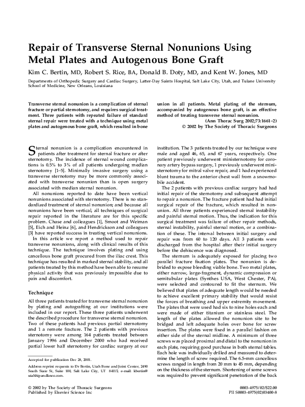 (PDF) Repair of transverse sternal nonunions using metal plates and ...