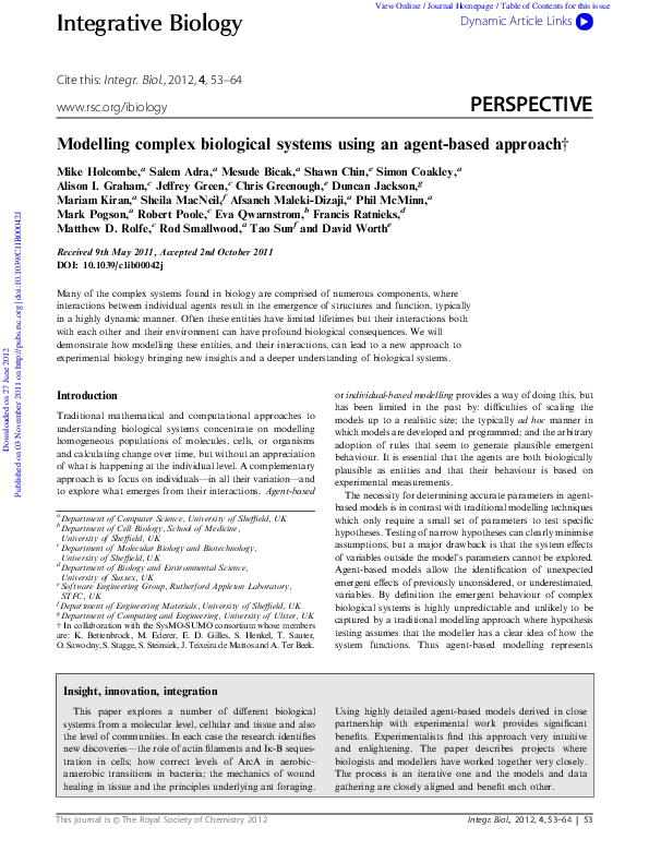 Pdf Modelling Complex Biological Systems Using An Agent Based Approach