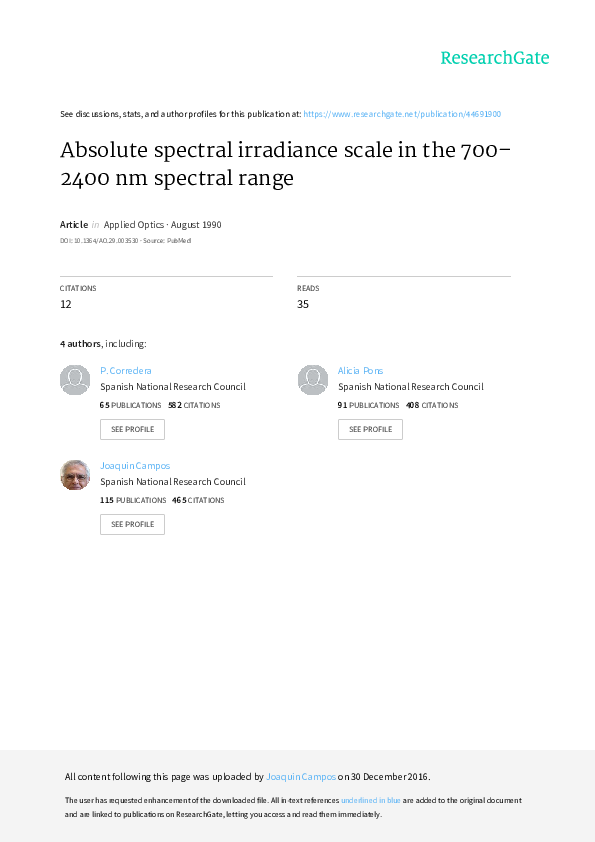 (PDF) Absolute spectral irradiance scale in the 700 -2400 nm spectral range