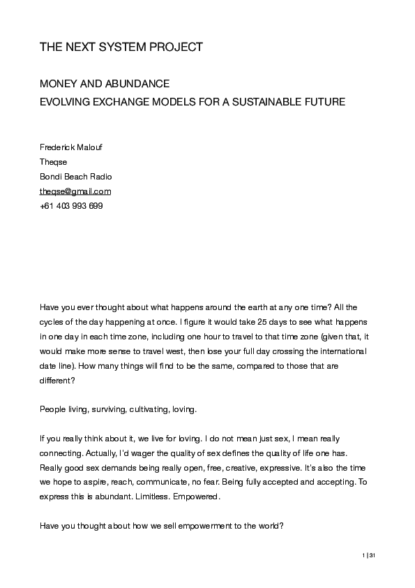 (PDF) THE NEXT SYSTEM PROJECT: MONEY AND ABUNDANCE - EVOLVING EXCHANGE ...