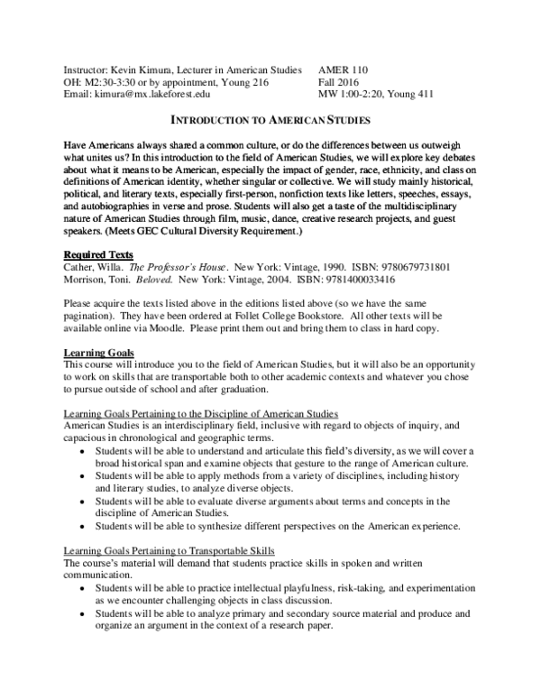 (PDF) Syllabus: "Introduction to American Studies" (Department of ...