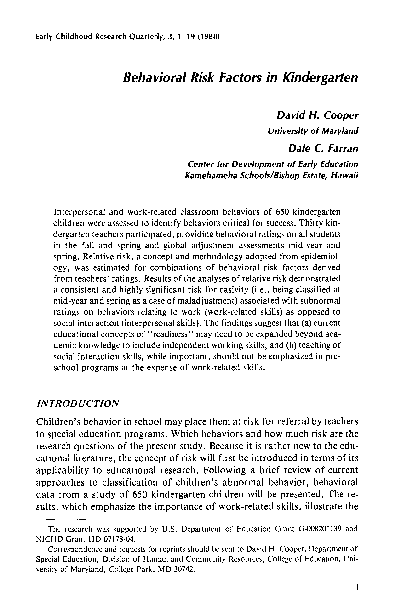 (PDF) Behavioral risk factors in kindergarten