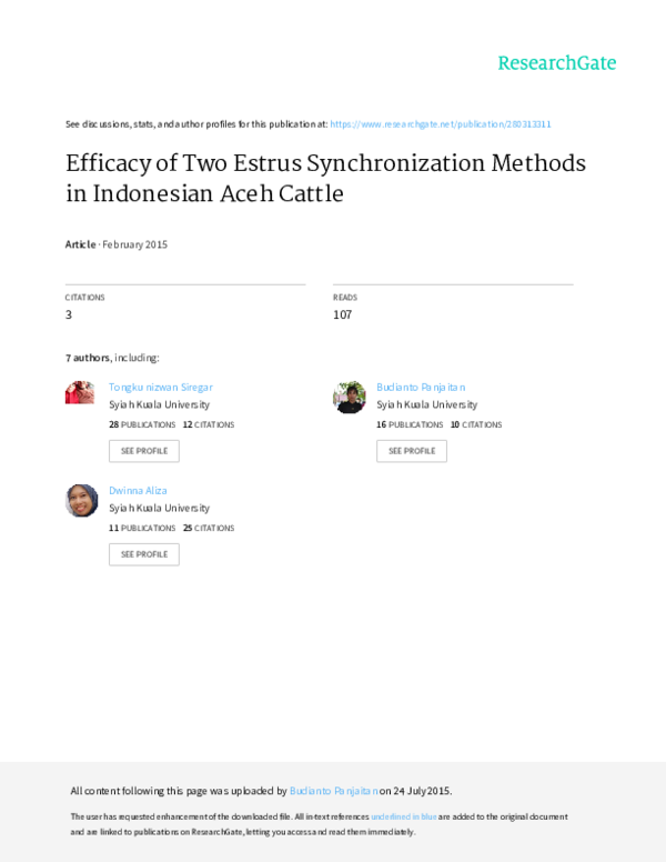 Pdf Efficacy Of Two Estrus Synchronization Methods In Indonesian Aceh Cattle