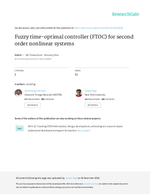 Pdf Fuzzy Time Optimal Controller Ftoc For Second Order Nonlinear Systems Jawad Nagi